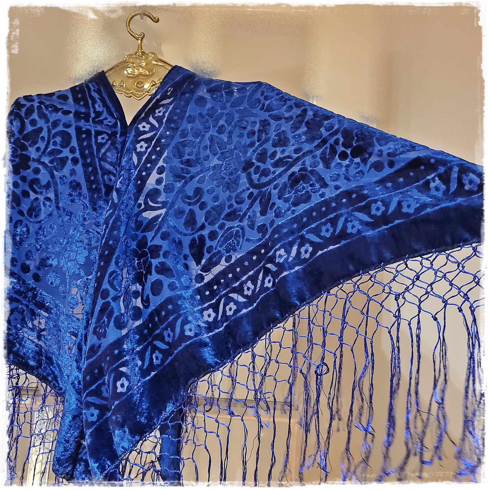 GYPSY-CHIC COBALT Blue Velvet Shawl -burnout Velvet Cape, Floral Piano ...