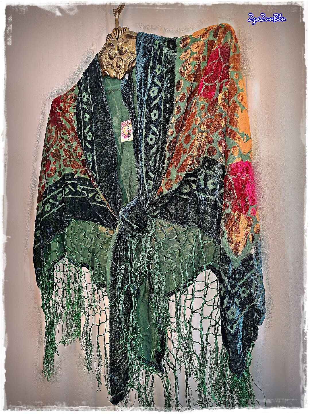 HIPPIE CHIC Piano-scarf Fringed SHAWL - Boho Cloak, Burnout Velvet ...