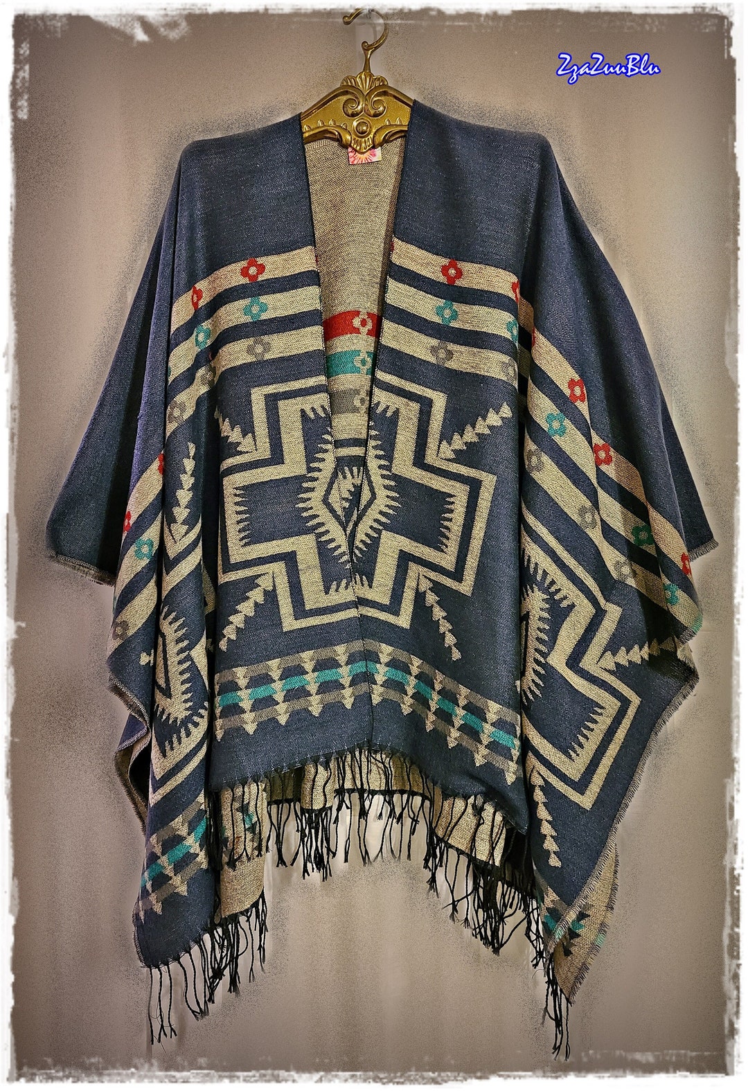 SOUTHWEST NATIVE AMER Design Wool Kimono Fringed Santa Fe Style Cloak ...