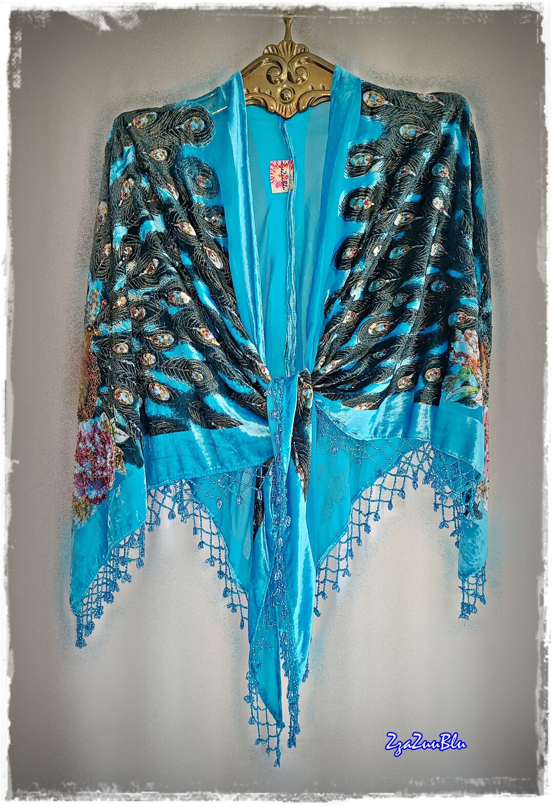 GYPSY-CHIC BEADED Velvet Peacock Shawl - Luxurious Turquoise Burnout ...