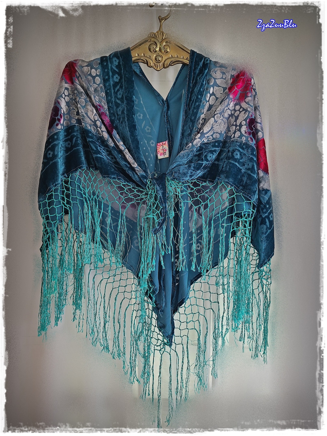 A Cloak of Many Colors! Burnout Velvet & Faded Roses, Bohemian Fringed ...