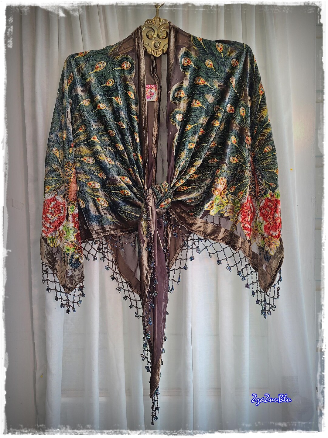 GYPSY-CHIC BEADED Velvet Peacock Shawl - Sable Brown Burnout Velvet ...