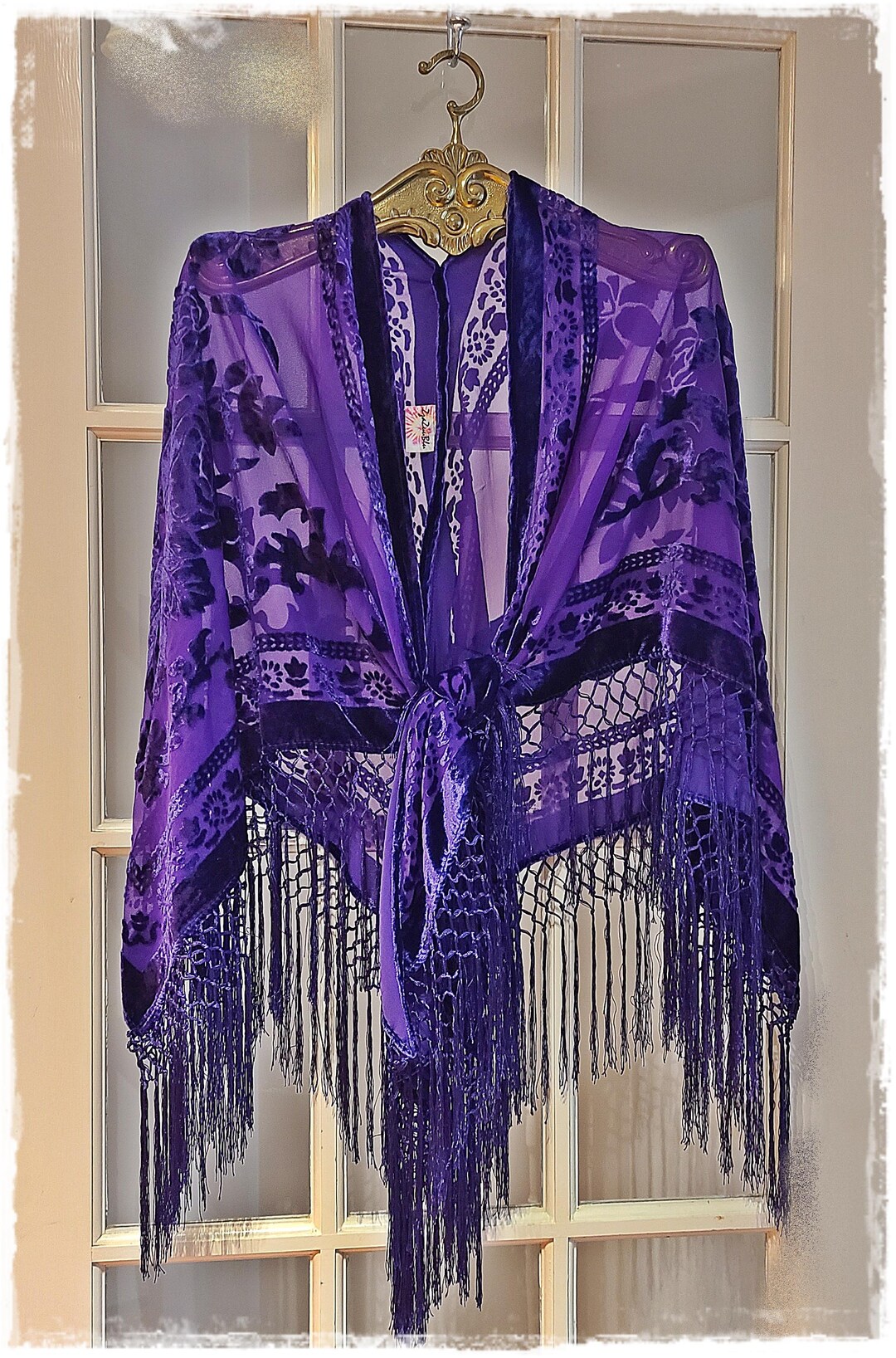 XL HIPPIE CHIC Piano-scarf Shawl - Fringed Boho Cloak, Burnout Velvet ...