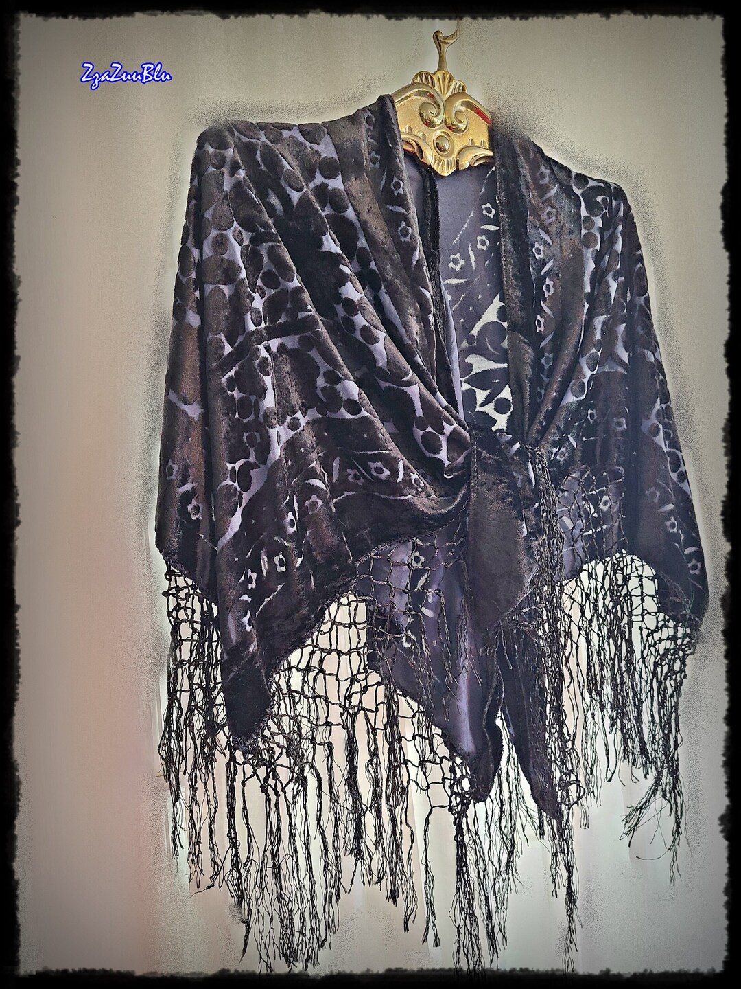 GYPSY-CHIC VELVET Shawl -burnout Velvet Cape, Black & Light Blue ...