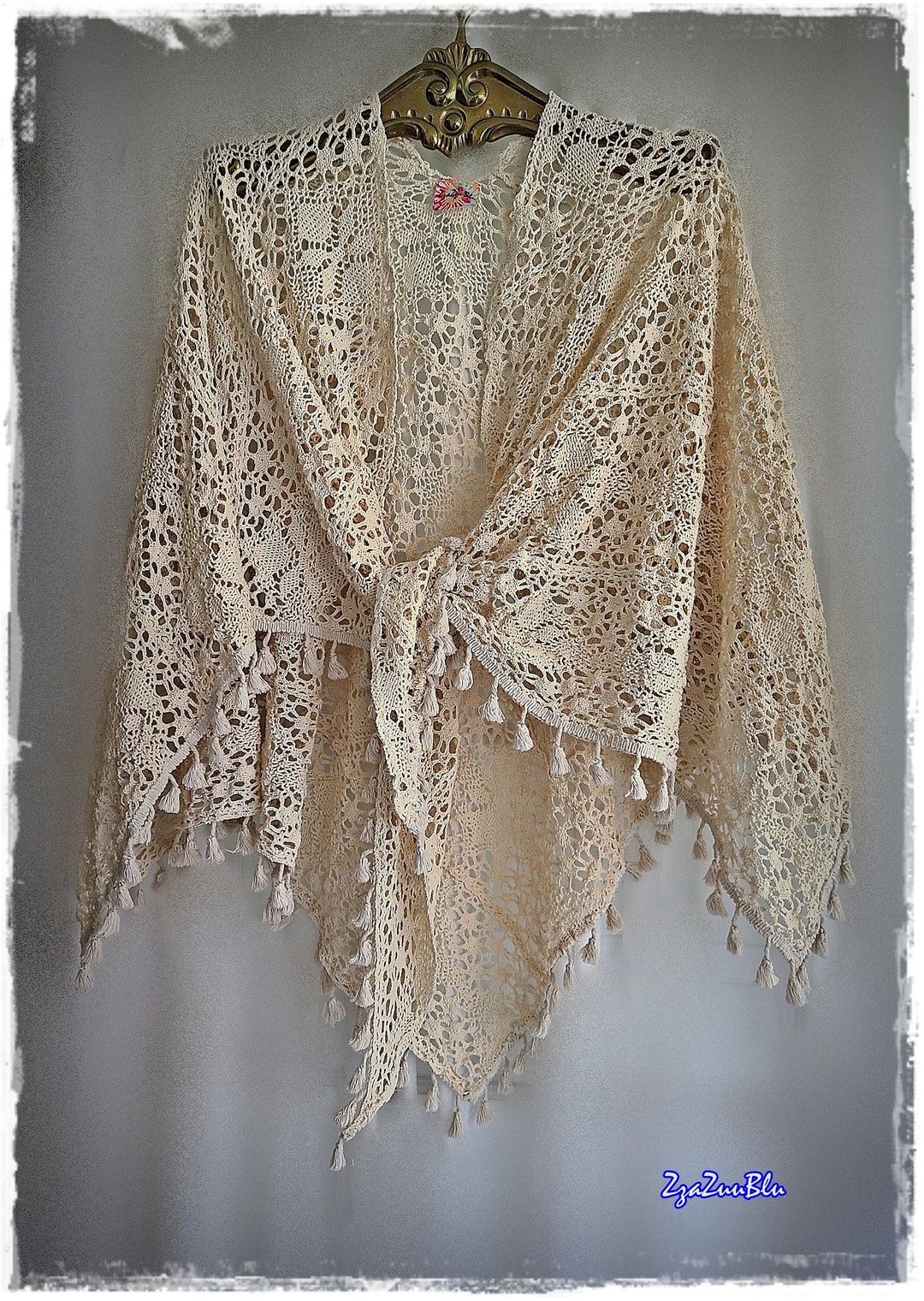 TASSEL-FRINGE CROCHET Shawl Unique Ivory Hippie Cloak, Gypsy Festival ...