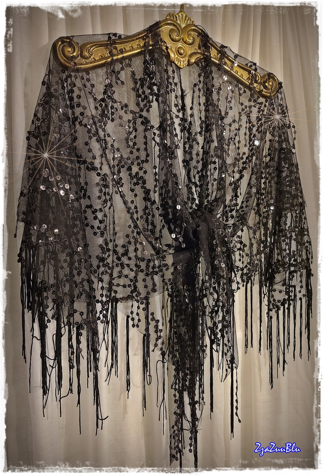 SHEER SEQUINED TASSEL Boho Shawl - Sparkling Hippie Cloak, Black-on ...