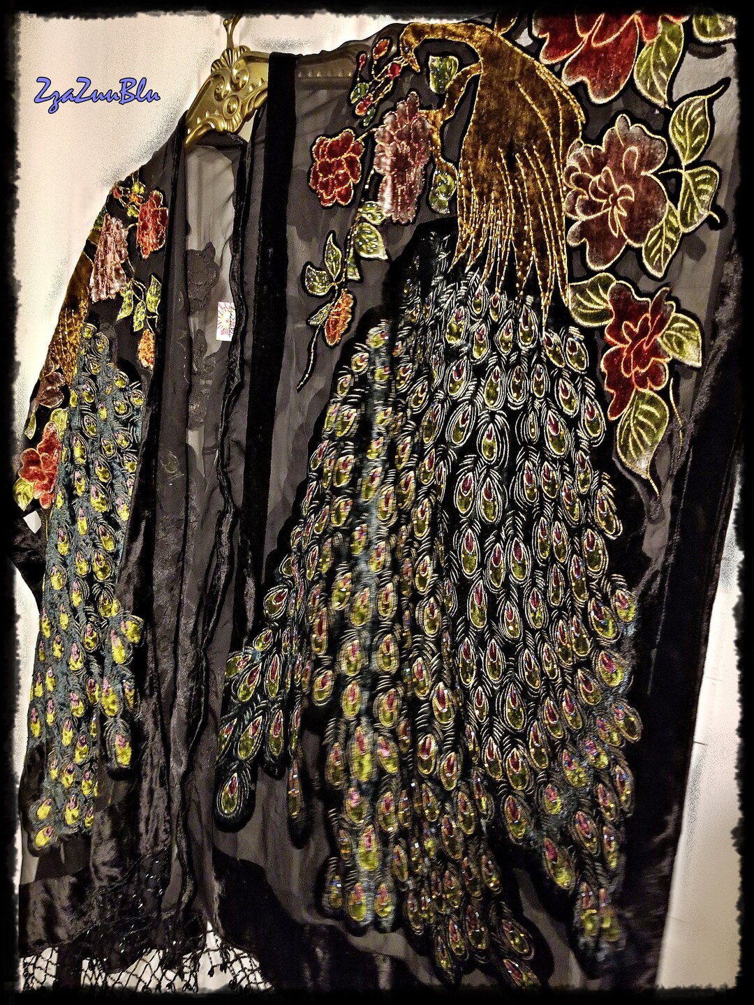 STUNNING BEADED PEACOCK Kimono - Luxe Burnout Velvet, Black Hippie ...