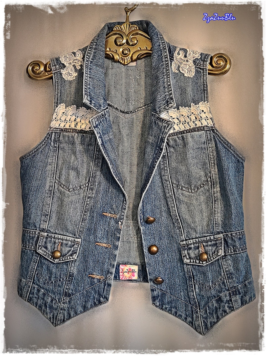 UPCYCLED Crochet-embellished Denim Vest - Distressed Womens Shabby-chic ...
