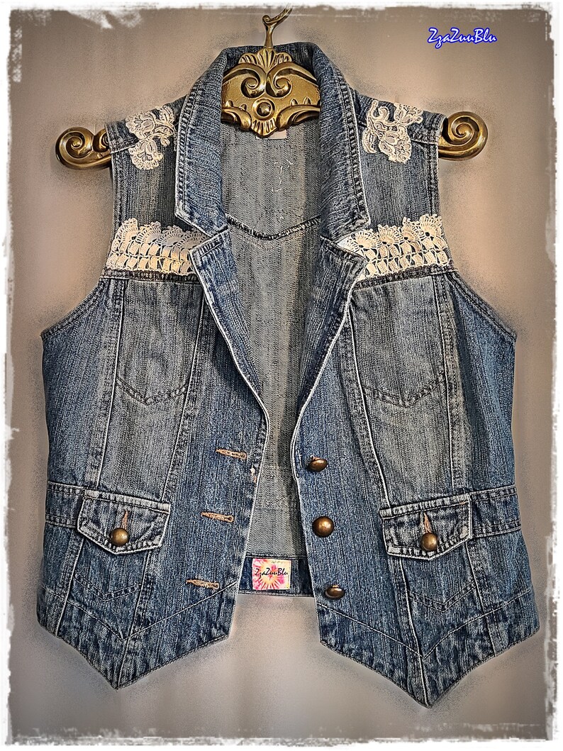 UPCYCLED Crochet-embellished Denim Vest - Distressed Womens Shabby-chic ...