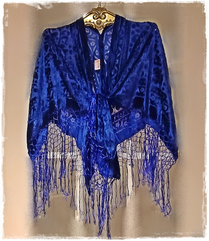 GYPSY-CHIC COBALT Blue Velvet Shawl -burnout Velvet Cape, Floral Piano ...