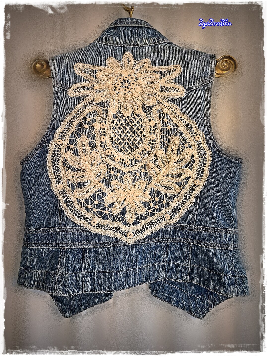 UPCYCLED Crochet-embellished Denim Vest - Distressed Womens Shabby-chic ...