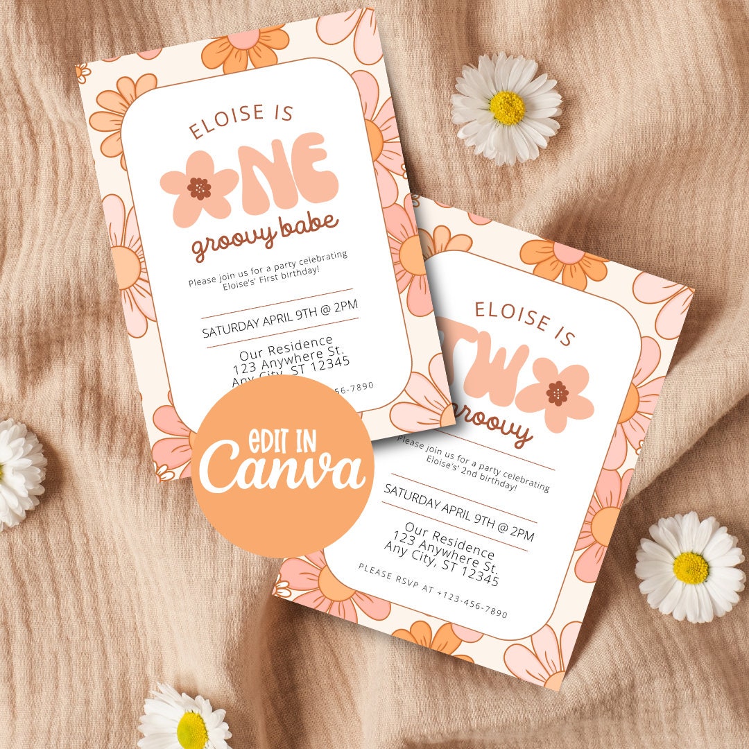 Groovy ONE Birthday Invitation Pink Daisy Rainbow Groovy 1st Birthday ...
