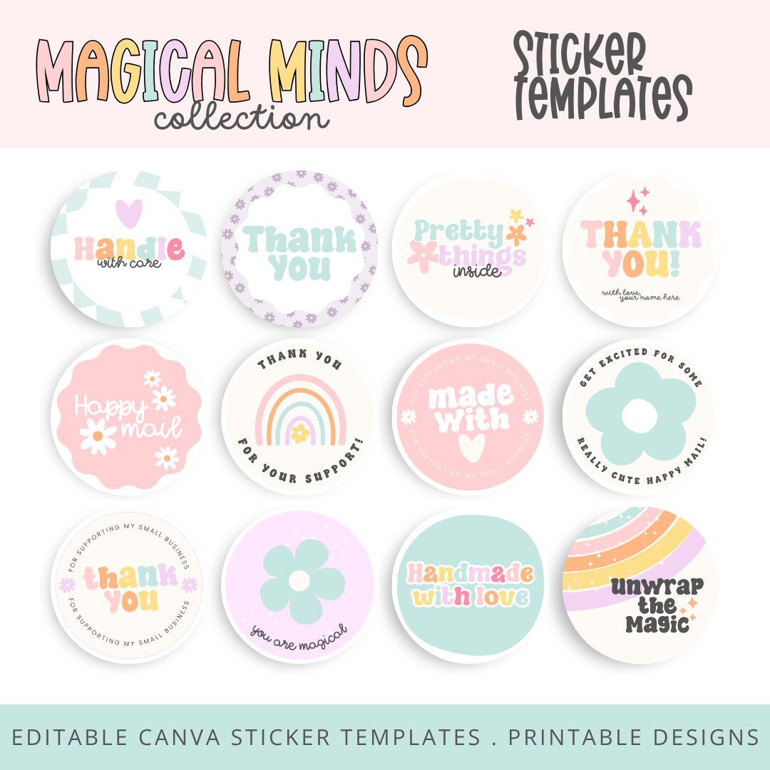 Pastel Rainbow Sticker Templates, Thank You Stickers, Canva Sticker ...
