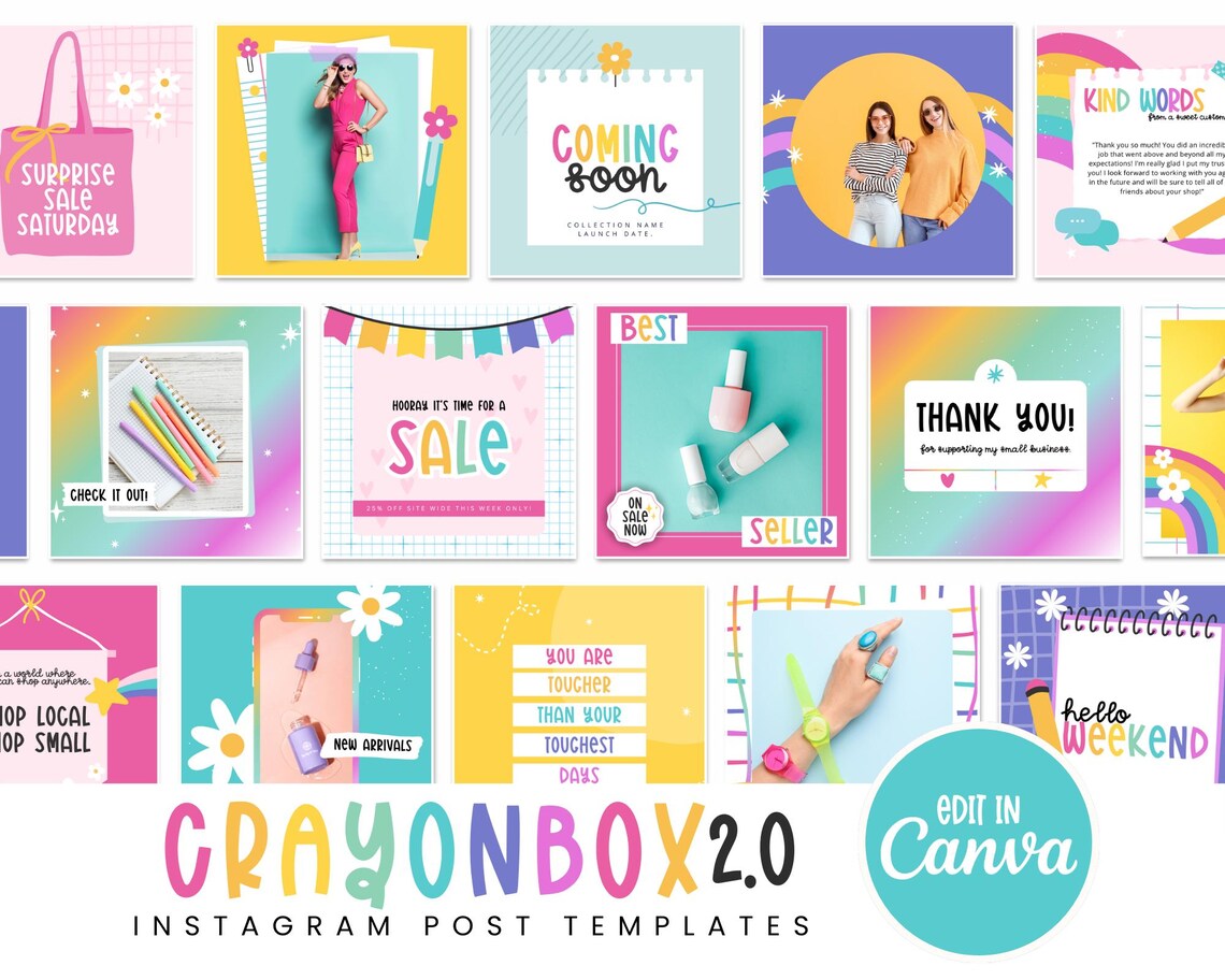 Rainbow Instagram Post Templates for Canva, Colorful Instagram Post ...