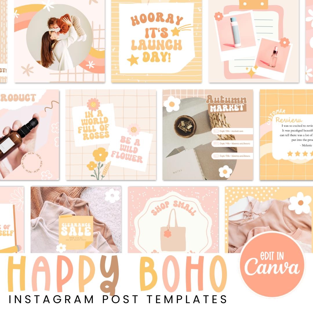 Happy Boho Instagram Post Templates, Boho Instagram Templates, Neutral ...