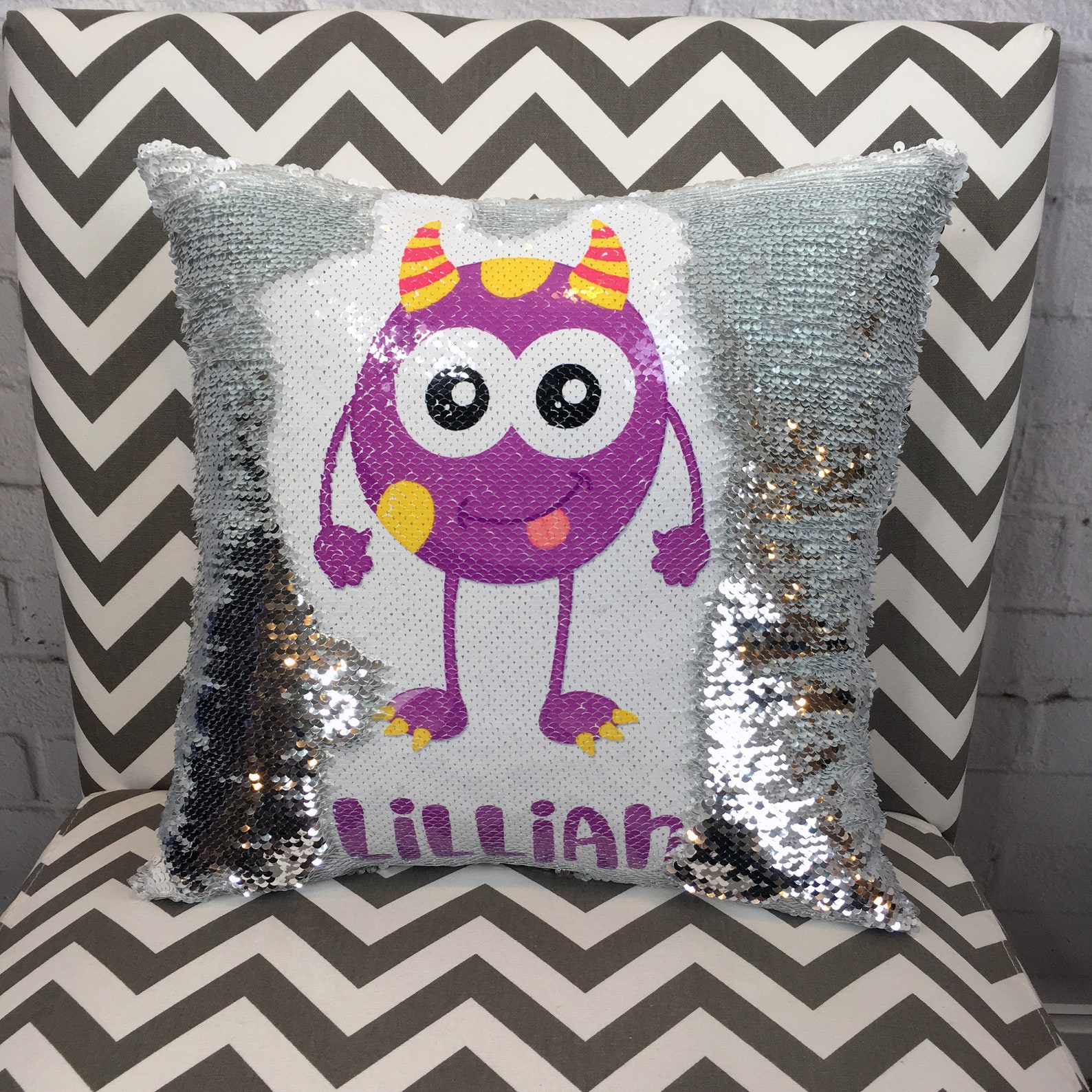 Cute Monster Design Flip Sequin Pillow - Personalized Name Decorative ...
