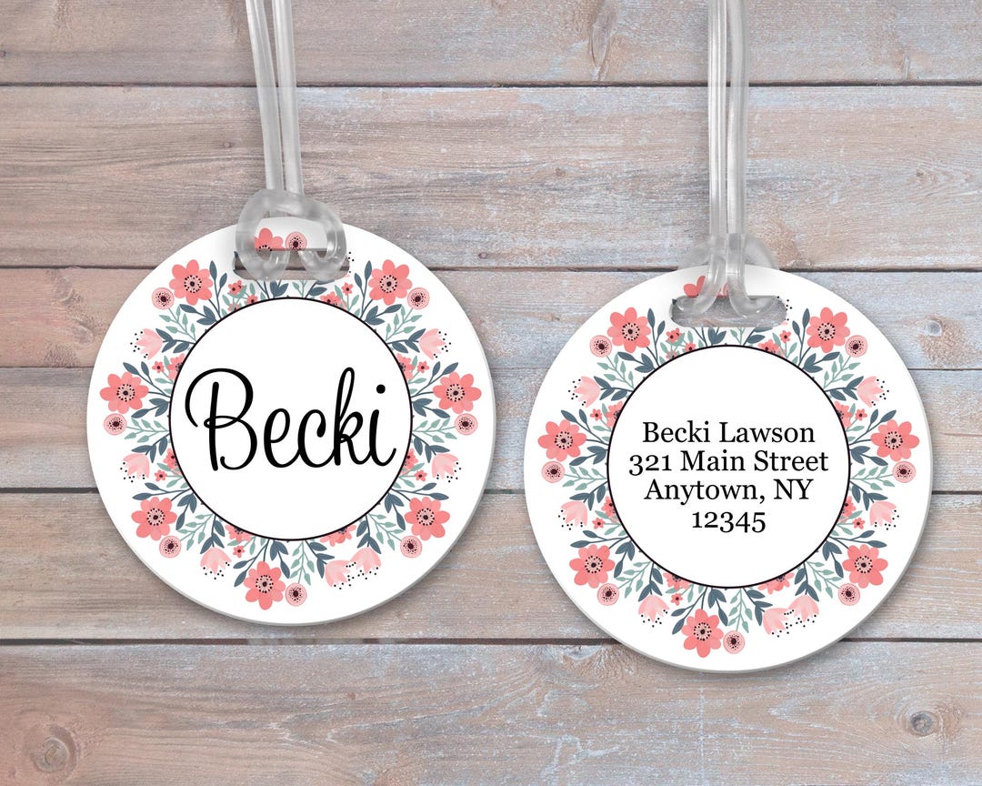 Set of 2 Spring Floral Frame Personalized Round Luggage Tags (2 Sided ...
