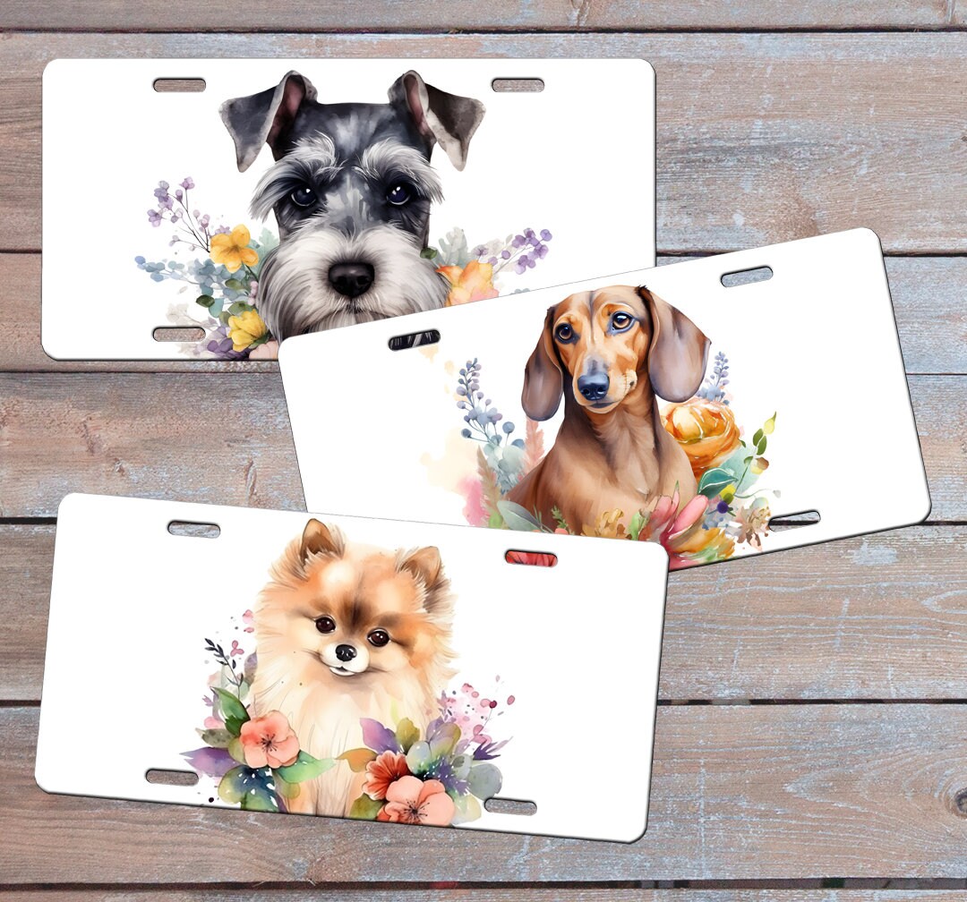 Dog & Flowers Watercolor Design License Plate Car Tag - Vanity Plate ...