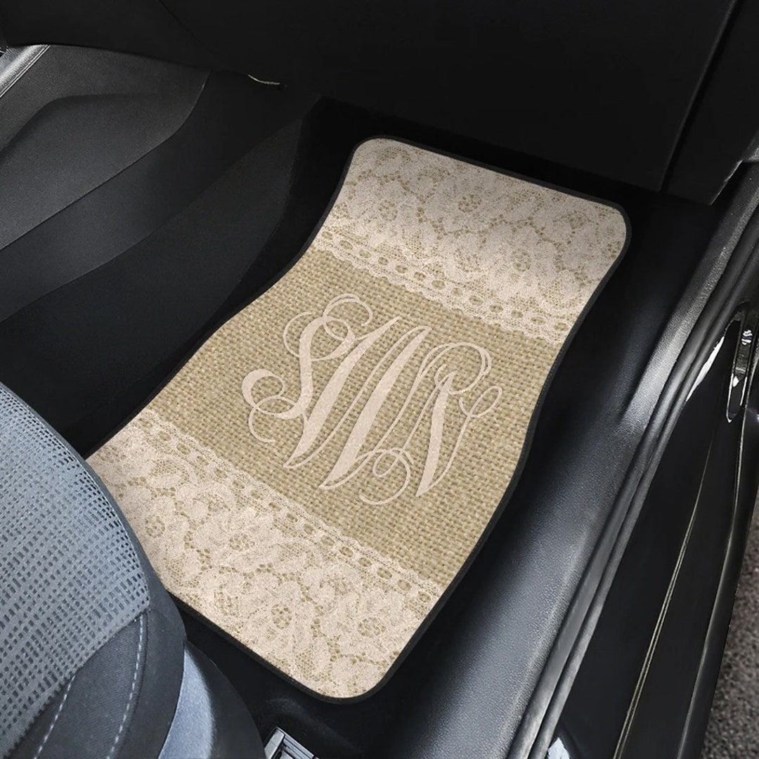 Monogram Vintage Lace on Rustic Burlap Design Car Mats (set of 2 ...