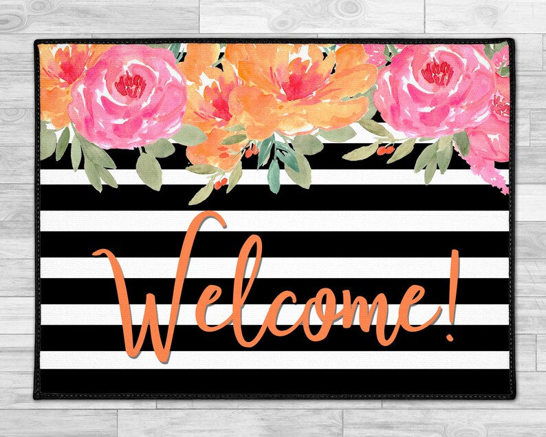 Personalized Stripes & Flowers Design Design Floor Mat With Custom Text ...