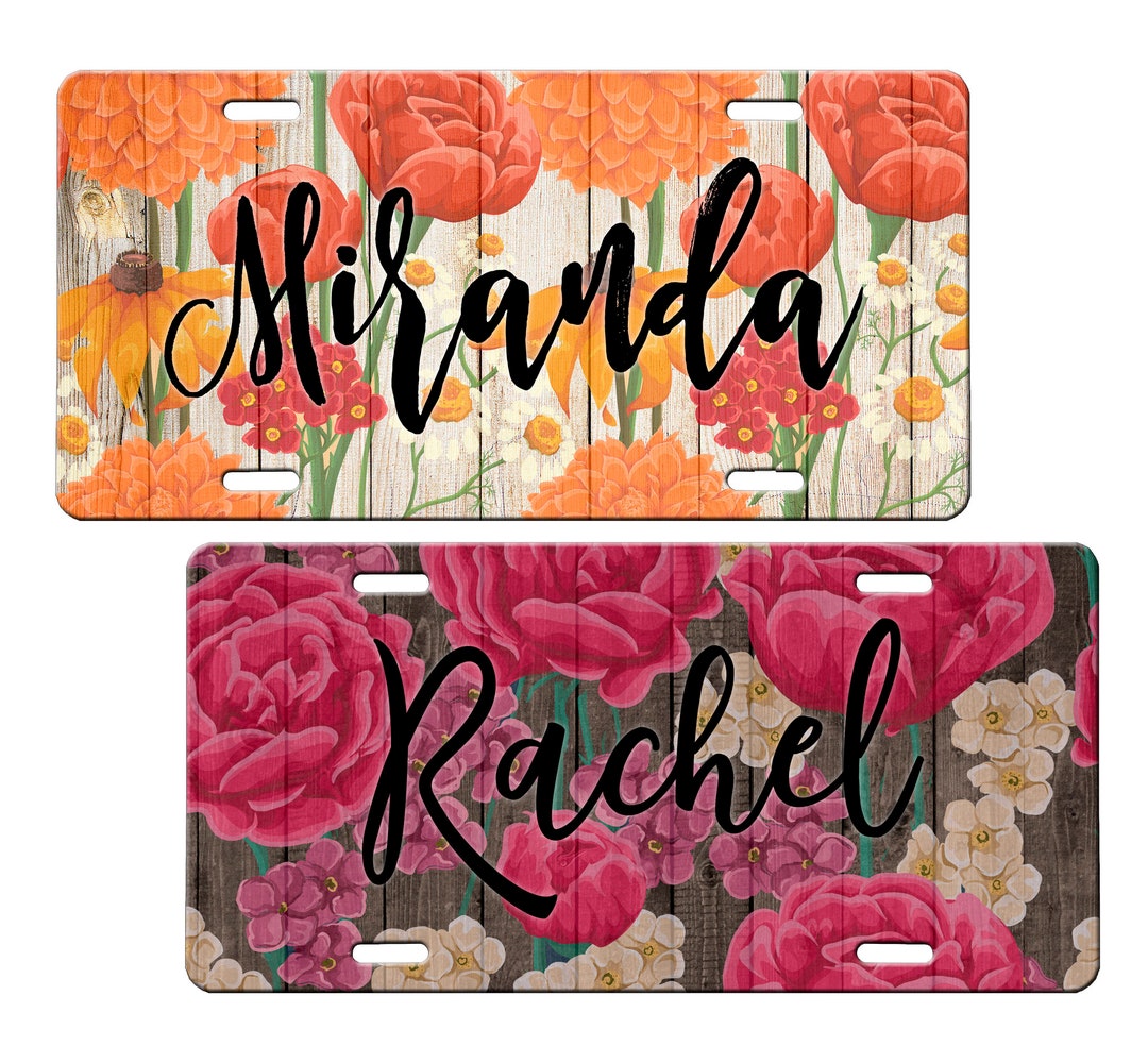 Wood & Flowers Personalized License Plate Car Tag - Watercolor Floral ...