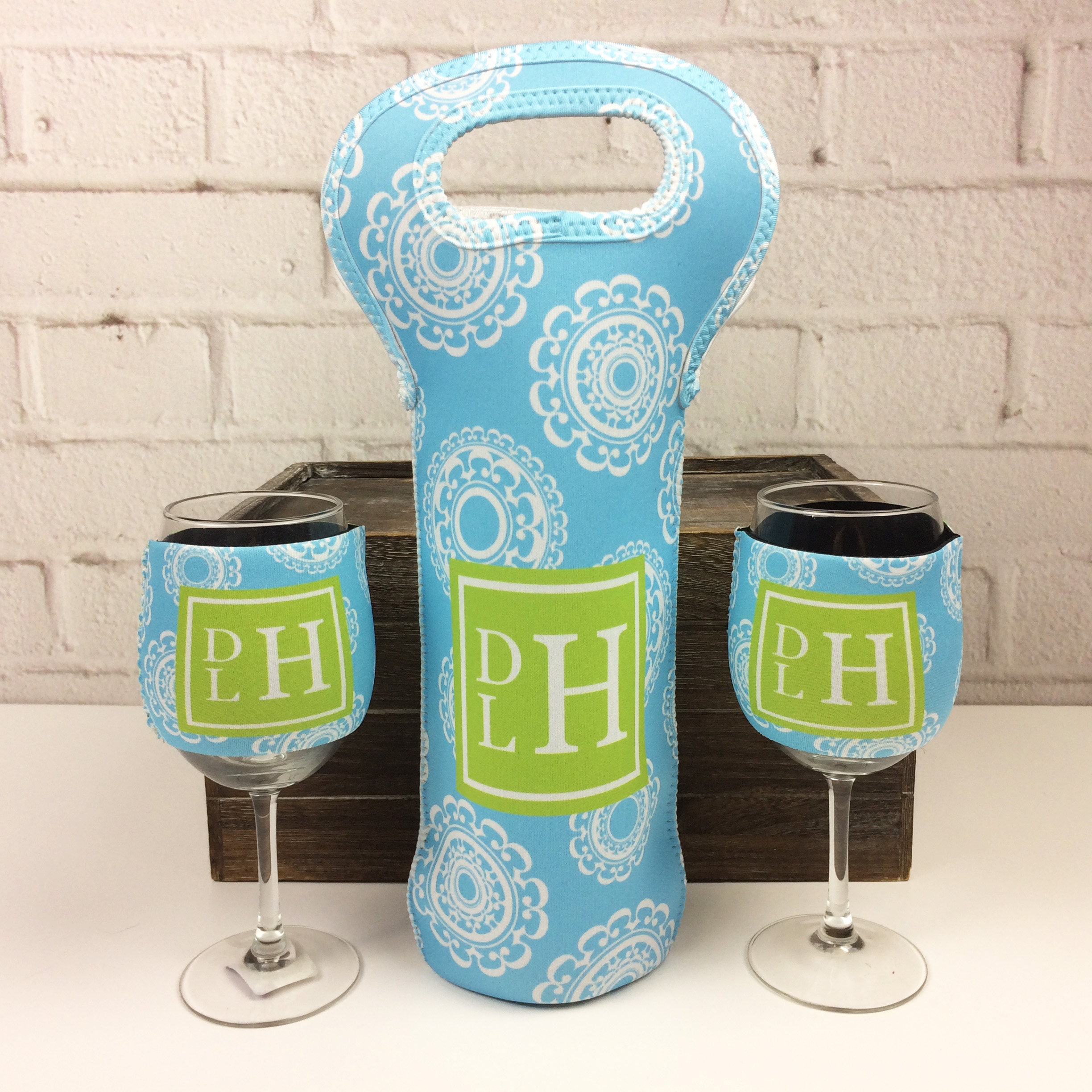 Monogram Wine Tote & Glass Sleeves Custom Pattern Color - Etsy