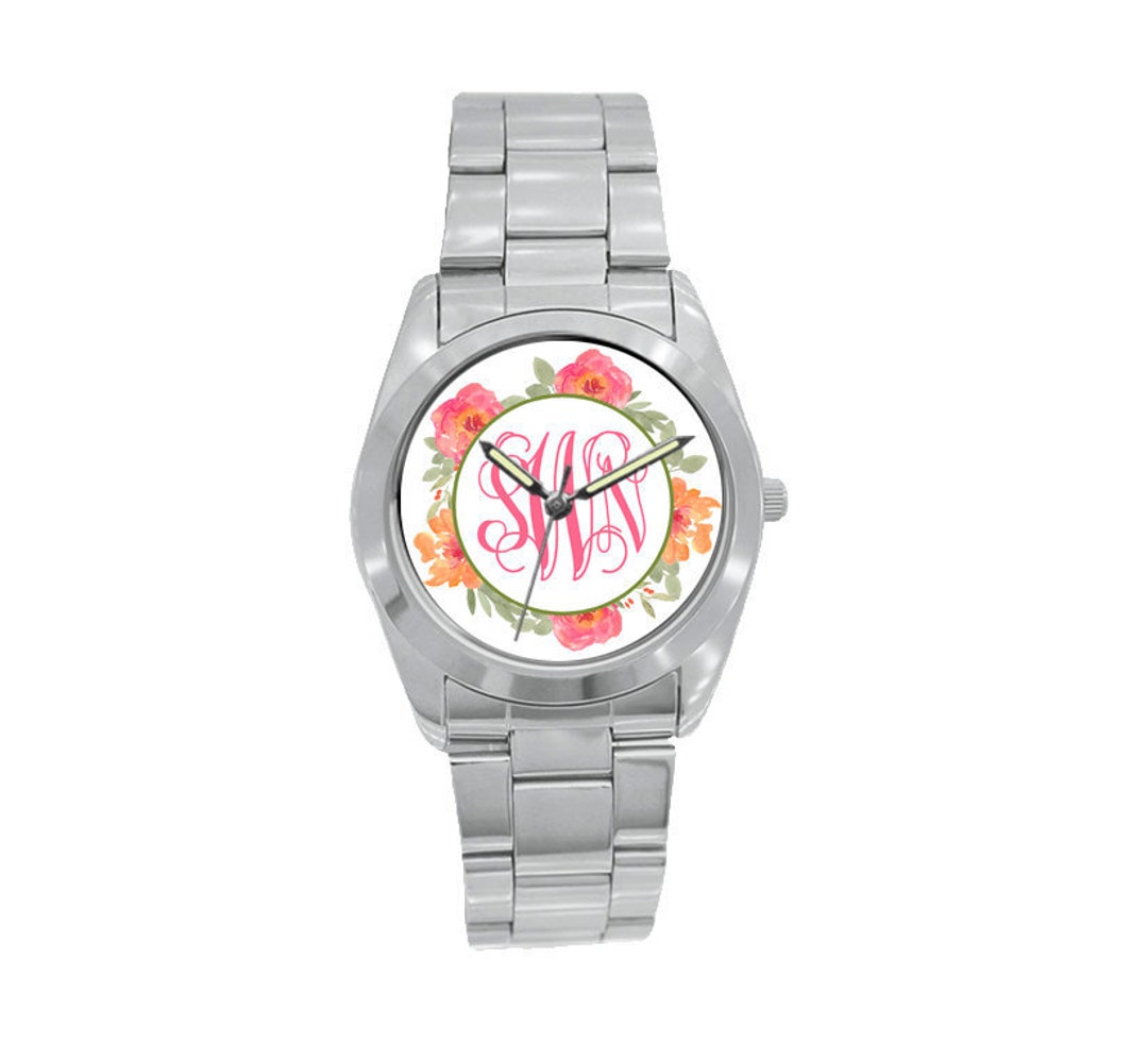 Floral Border Monogram Boyfriend Watch - Choice of Color and Monogram ...