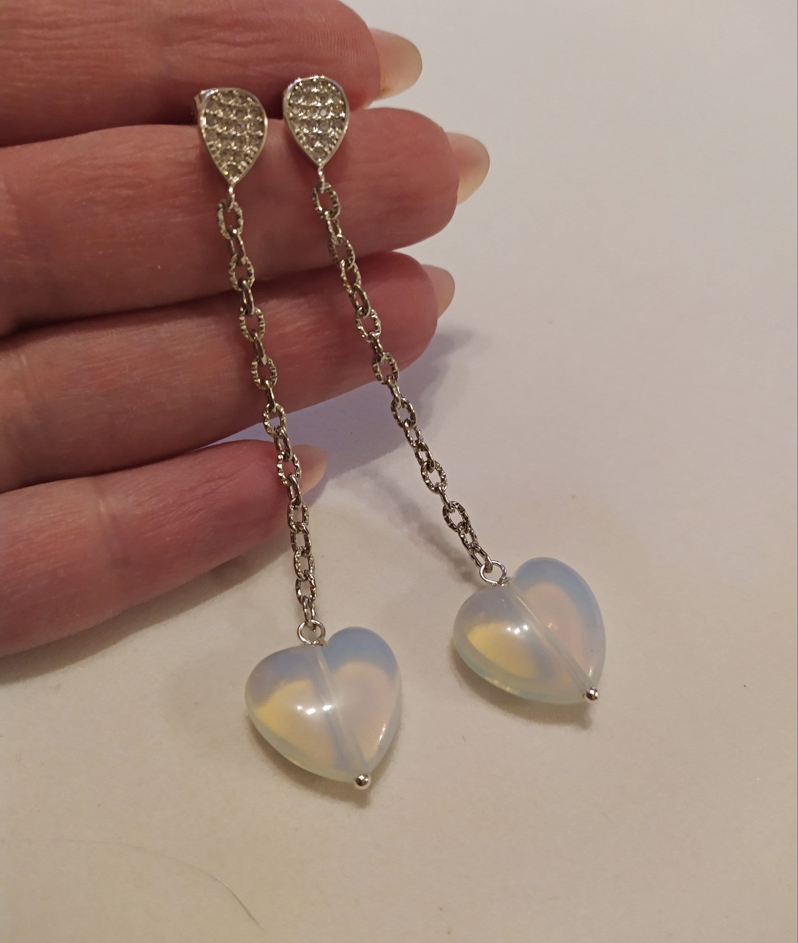 Moonstone Long Earrings Heart Earrings Opalite Earrings Etsy