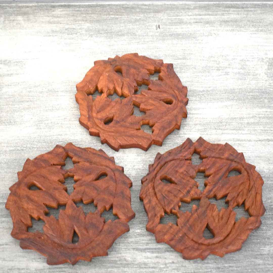 Vintage Carved Wood Coasters - Set of Three - Carved Leaf Trivets ...