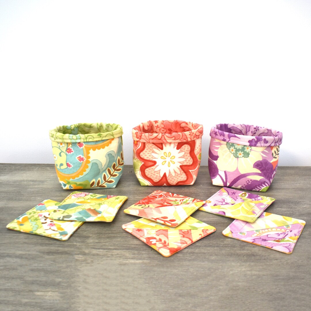 Set of Three Small Fabric Baskets With Coordinating Drink Coasters ...