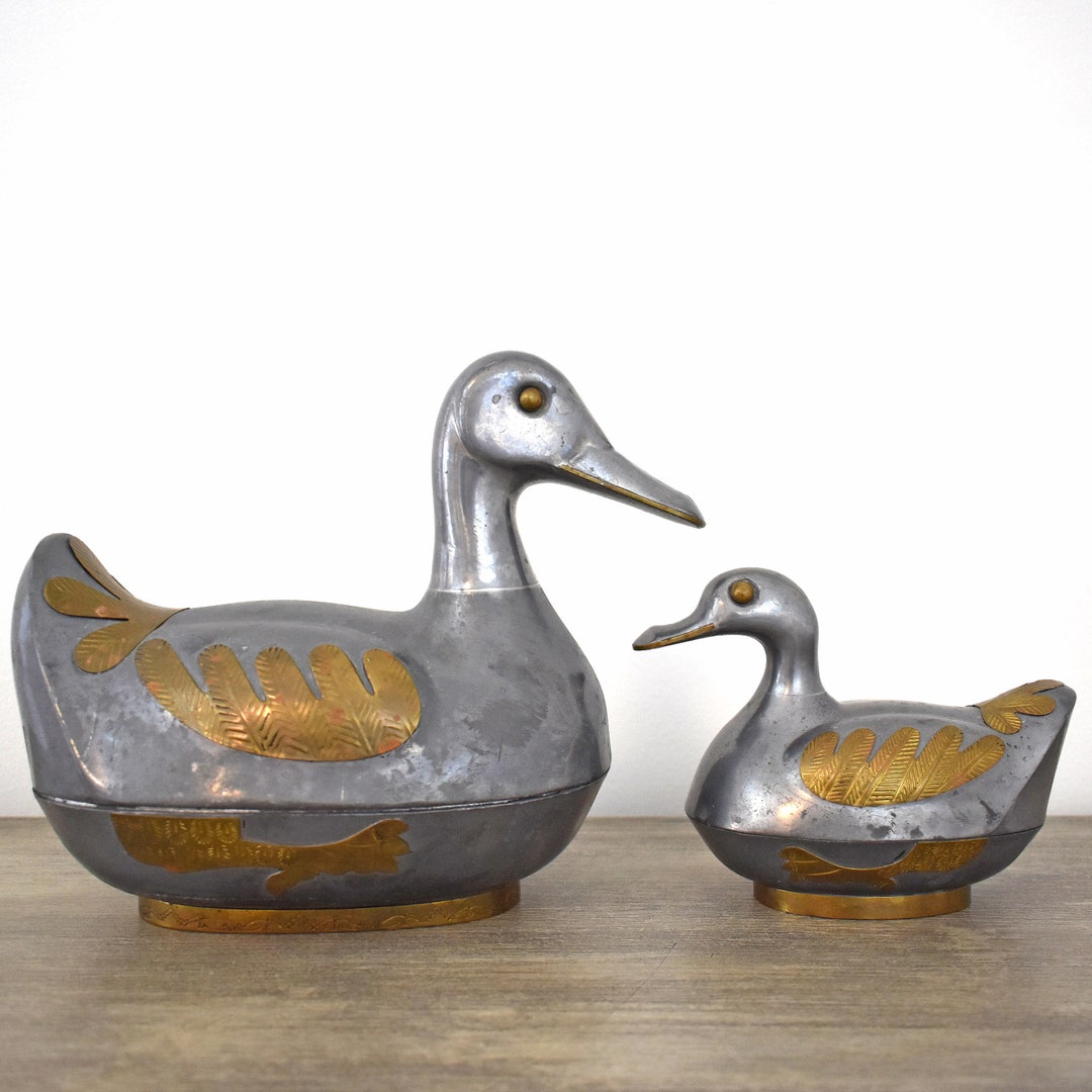 Vintage Pewter and Brass Ducks With Storage Compartment - Unique Lidded ...