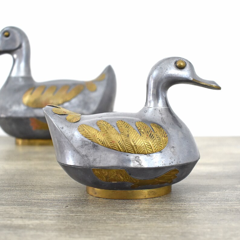 Vintage Pewter and Brass Ducks With Storage Compartment - Unique Lidded ...