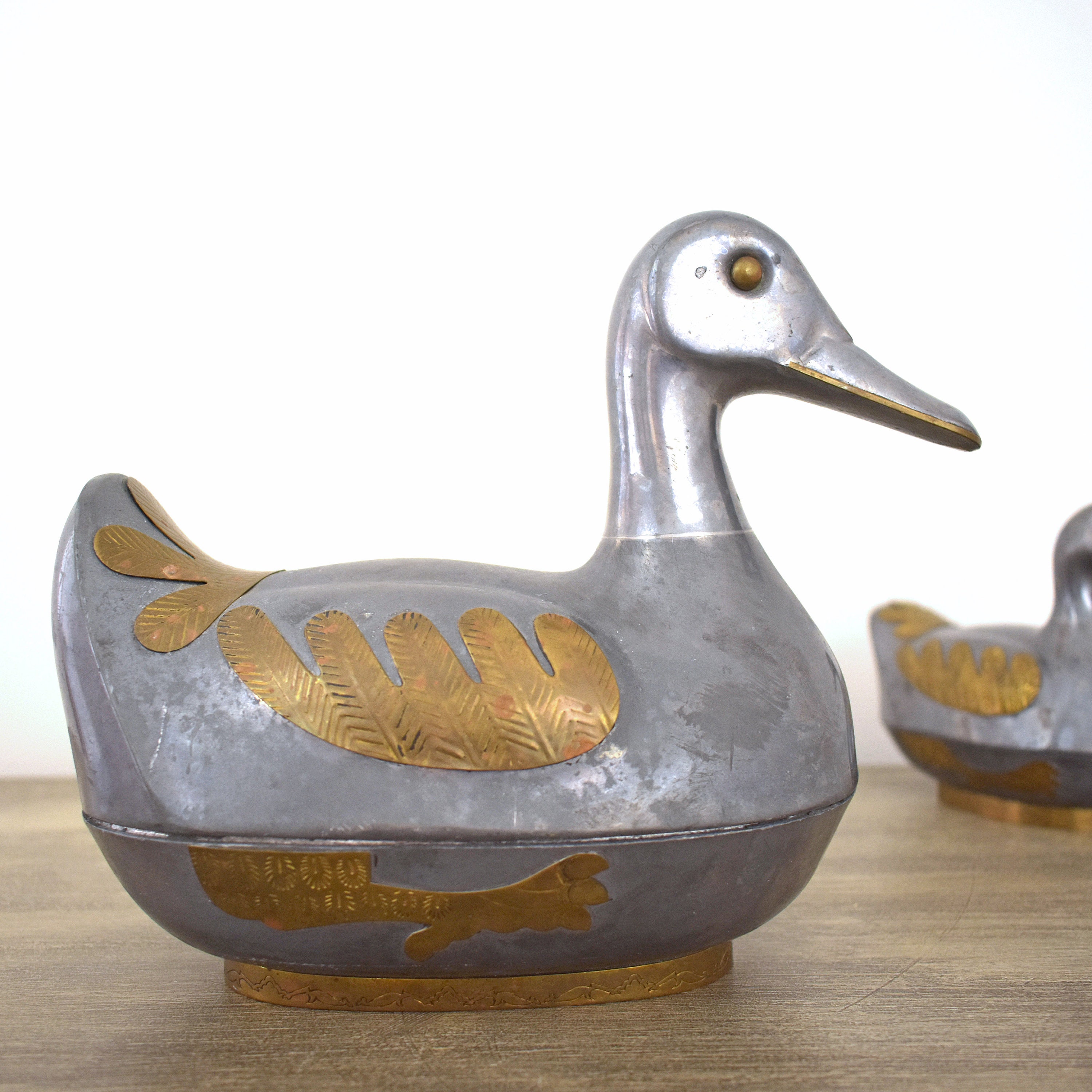 Vintage Pewter and Brass Ducks With Storage Compartment Unique Lidded ...