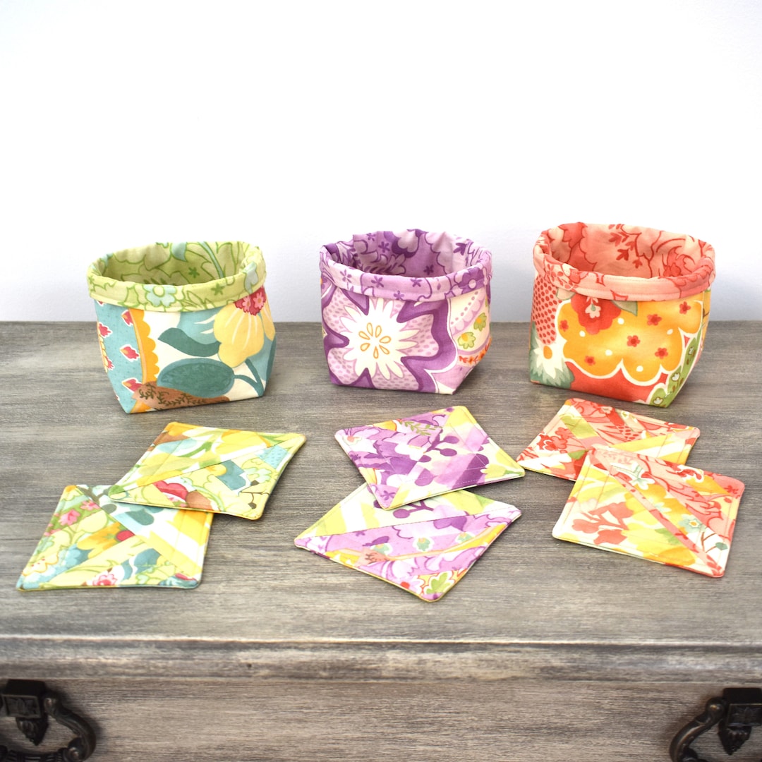 Small Fabric Basket With Coordinating Drink Coasters - Reversible ...