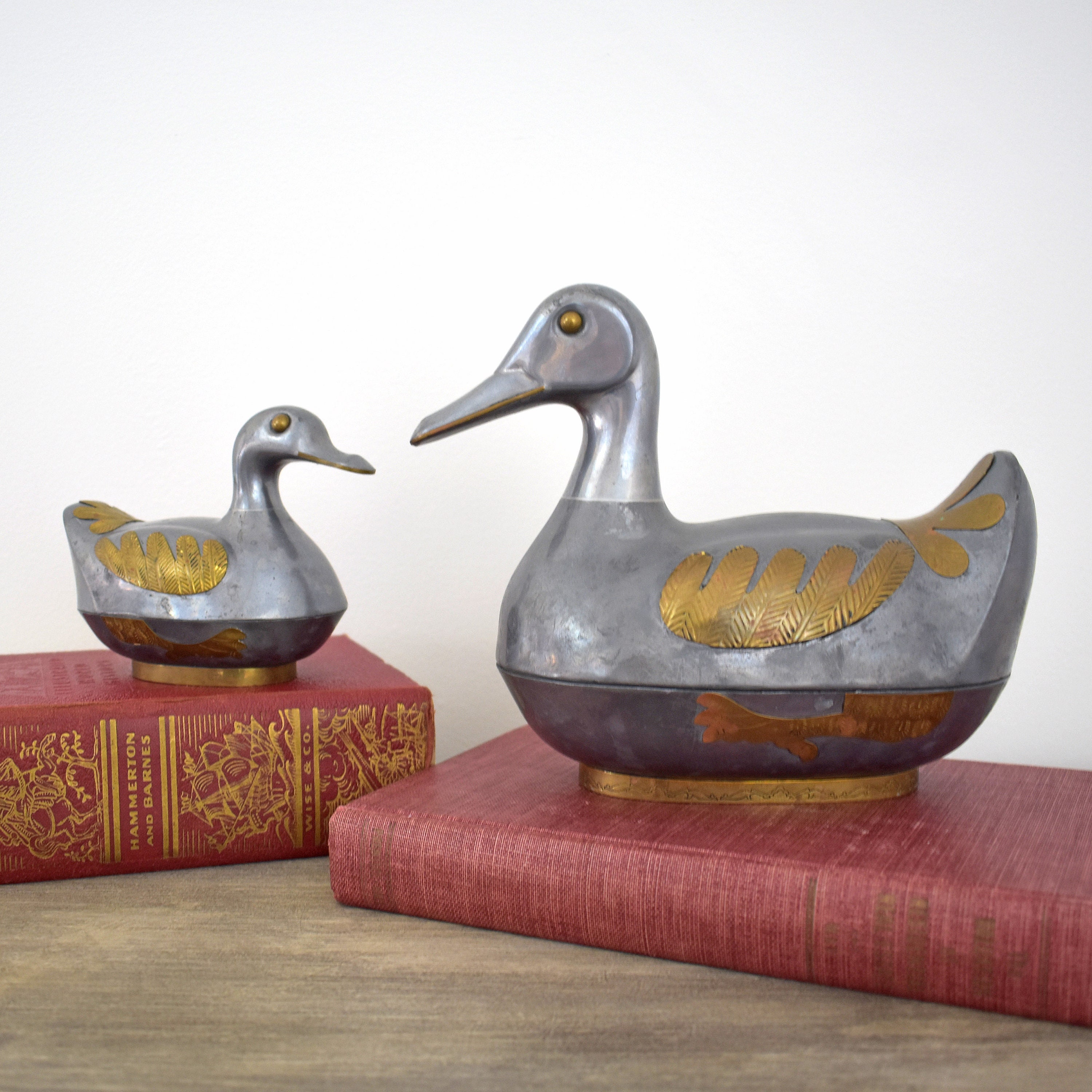 Vintage Pewter and Brass Ducks With Storage Compartment Unique Lidded ...