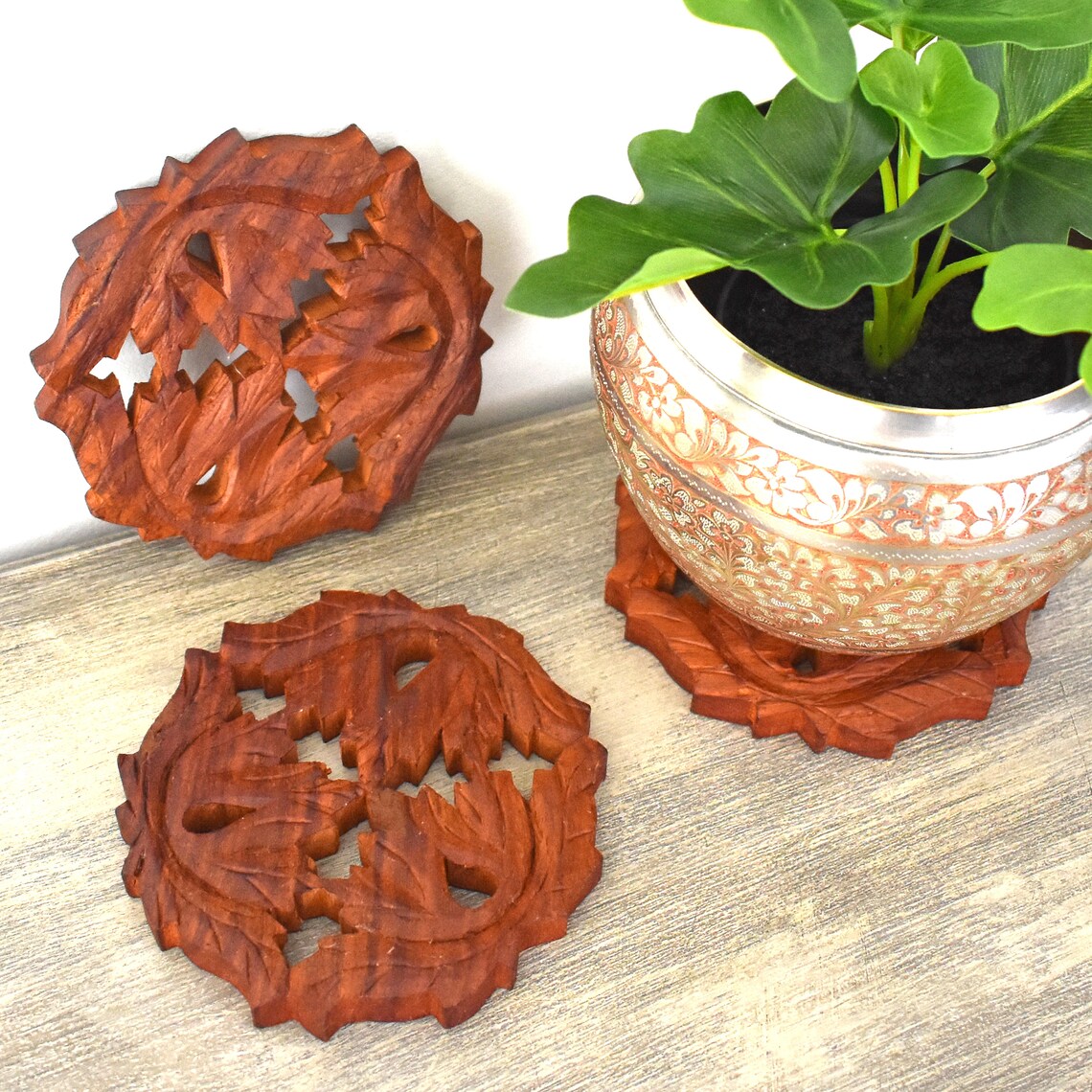Vintage Carved Wood Coasters Set of Three Carved Leaf Trivets ...