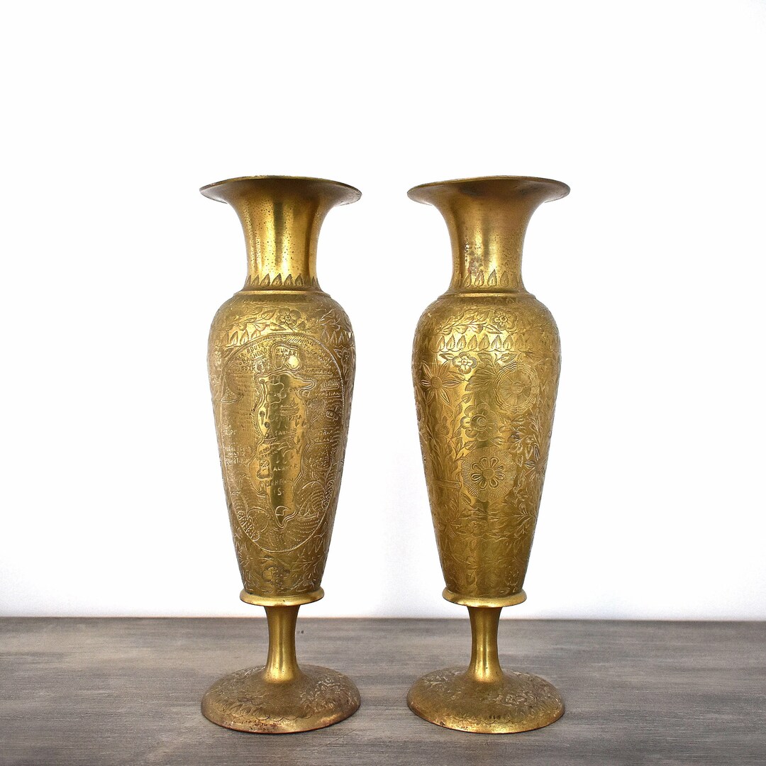 Vintage Brass Vases With Detailed Map of Bahrain Pair of Etched Brass ...