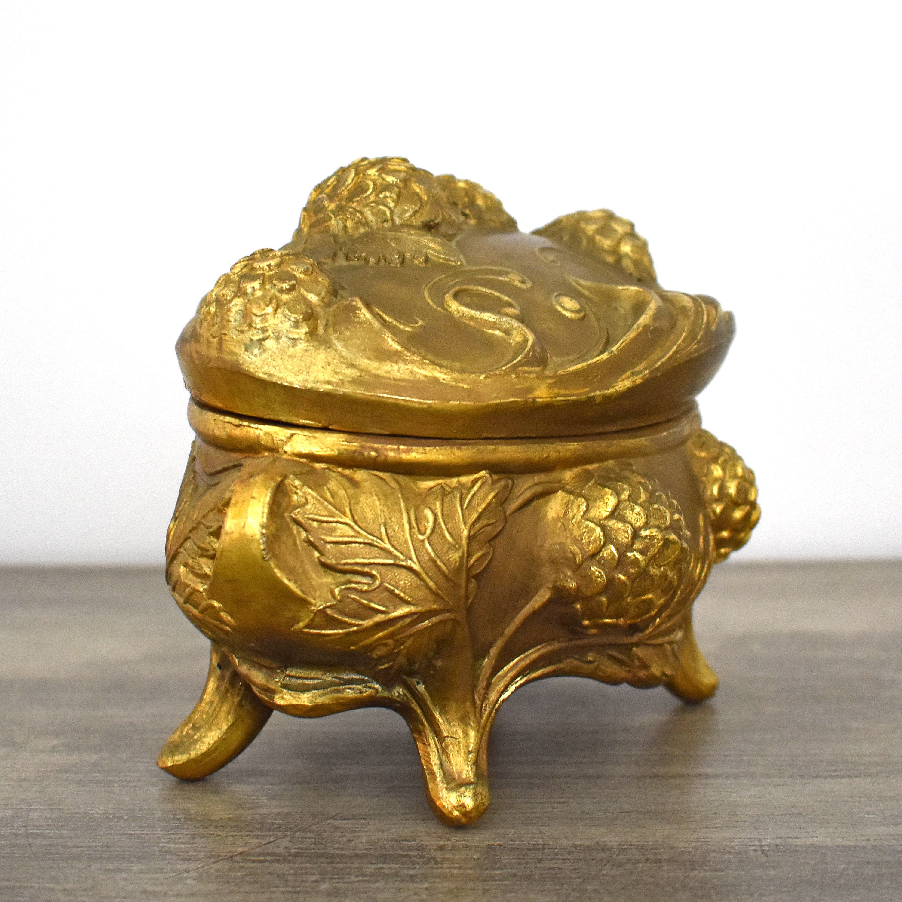 Vintage Container With Pine Cones and Leaves - Gold Tone Lidded Box ...