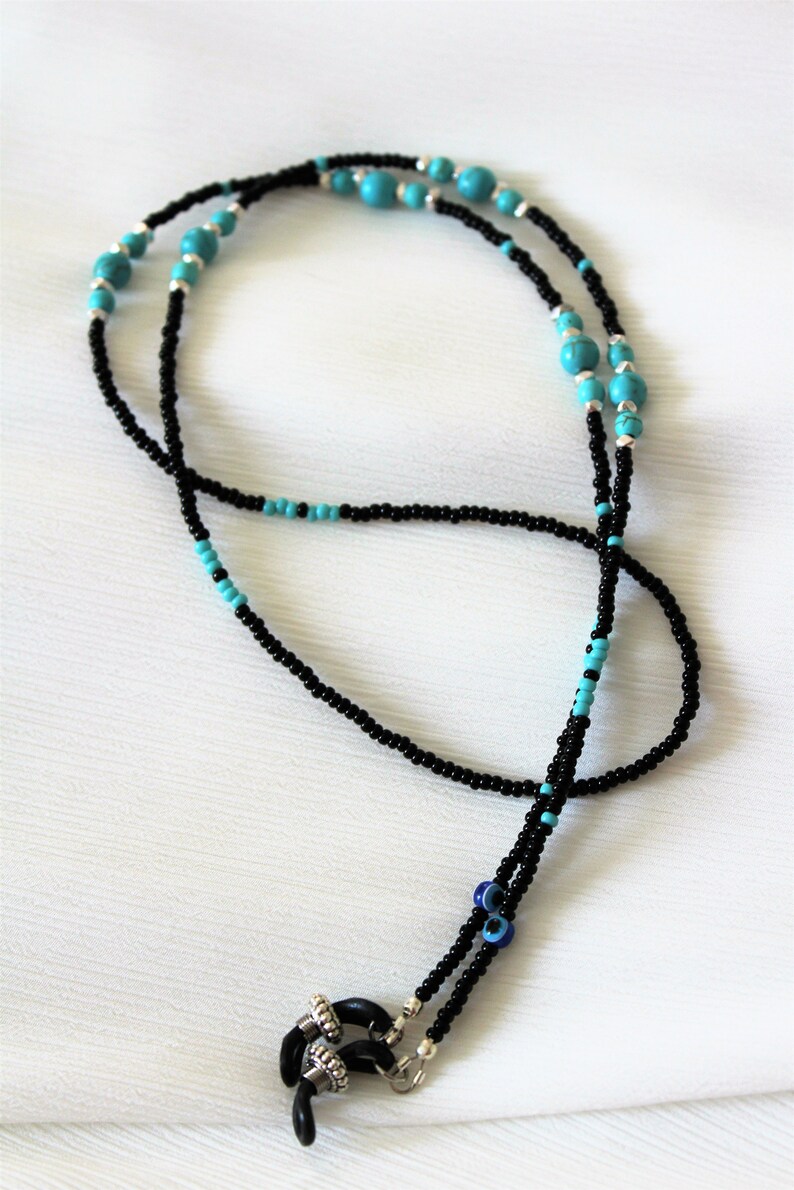EVIL EYE Glasses Holder String With Turquoise and Silver Beads, Black ...