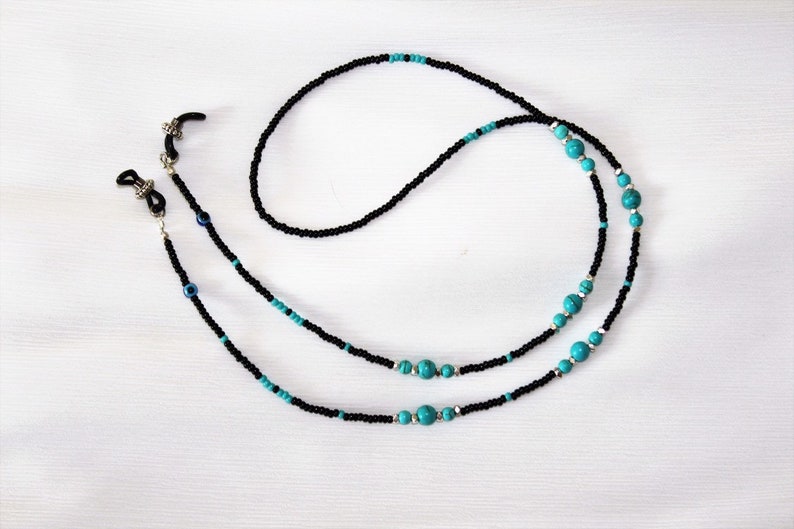 EVIL EYE Glasses Holder String With Turquoise and Silver Beads, Black ...