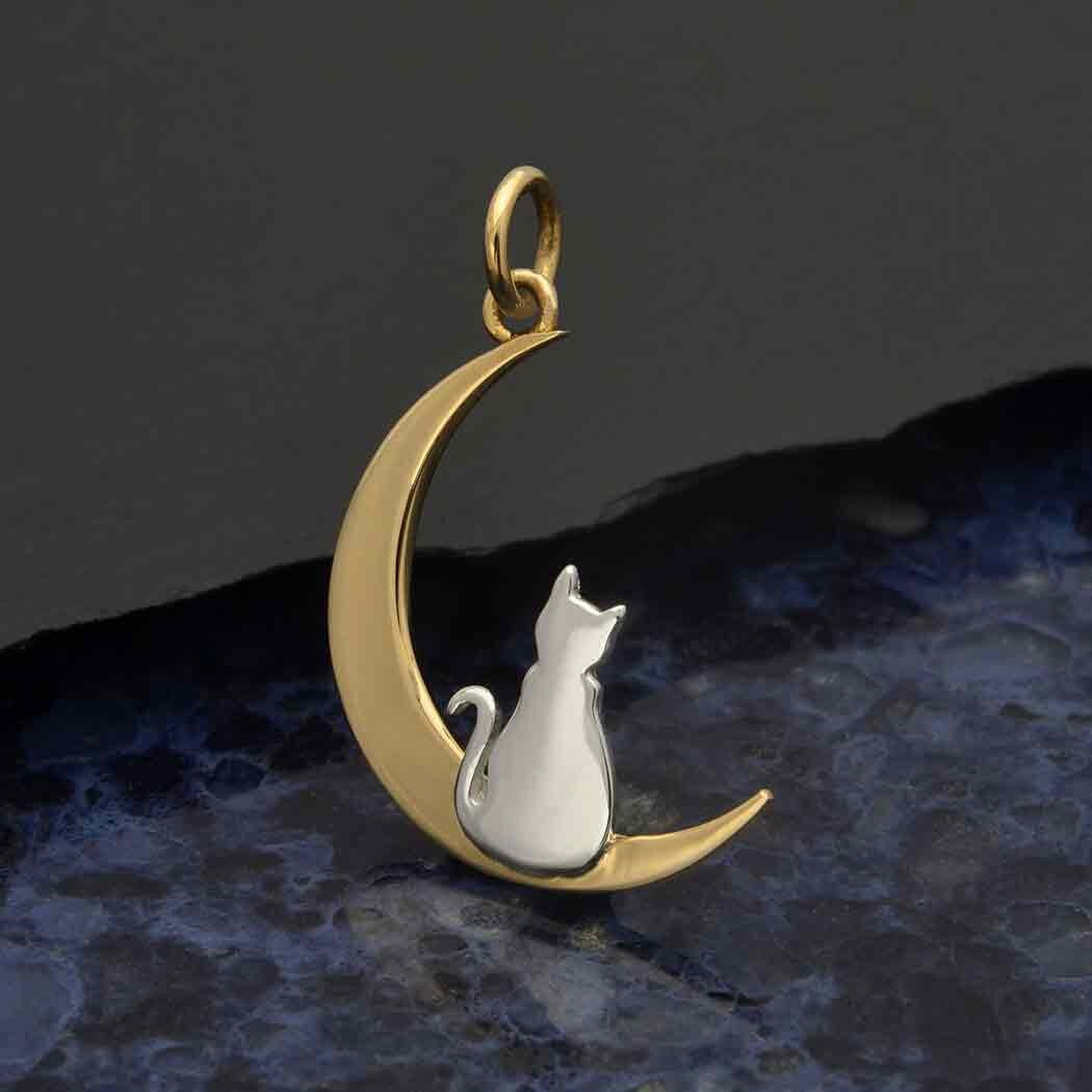 Mixed Metal Moon and Cat Pendant Sterling Silver Charm - Etsy