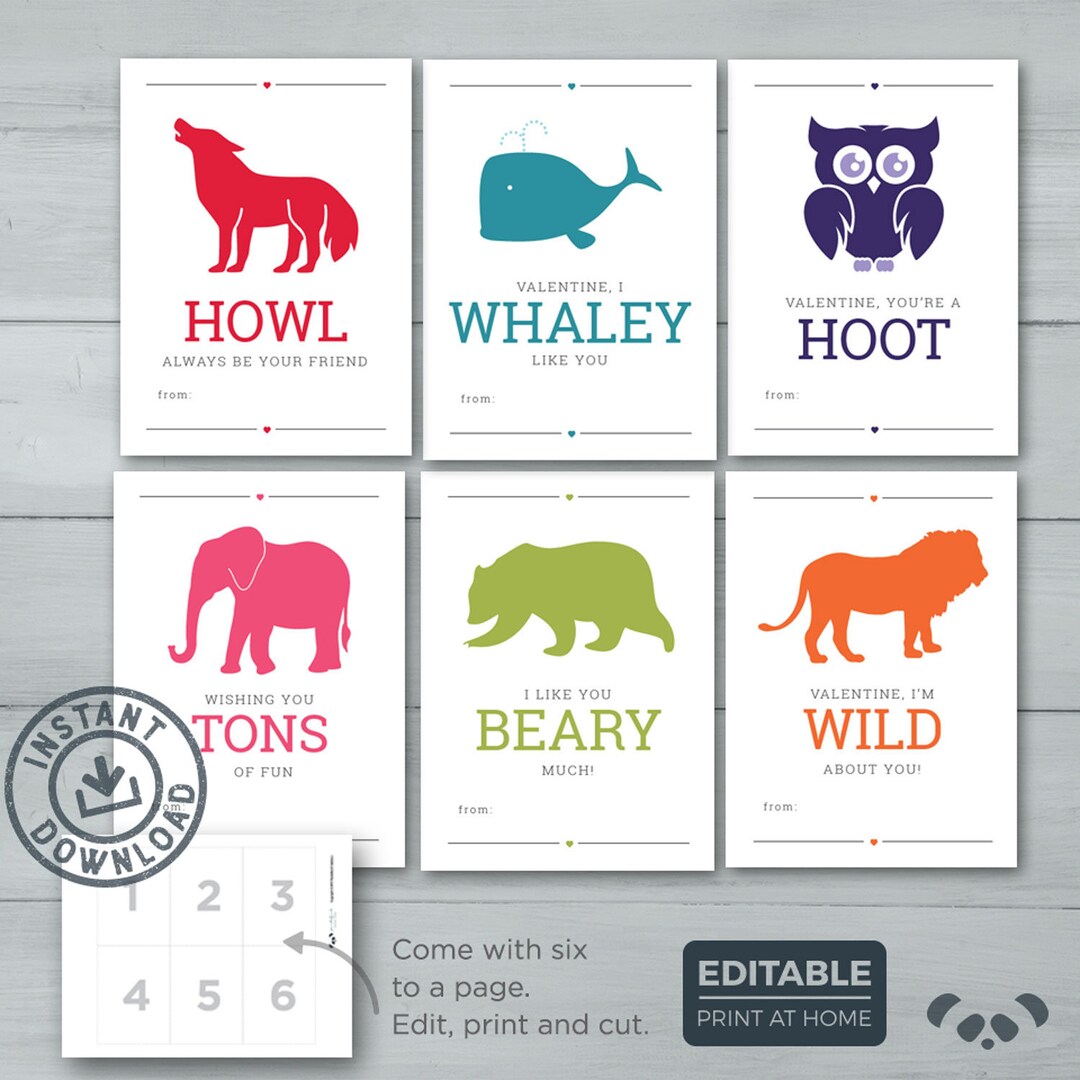 Kids Valentine Cards | Animals Valentines | Wolf, Elephant, Whale, Lion ...