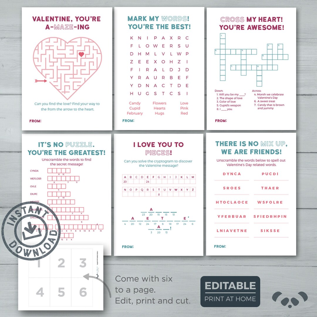 Kids Valentine Cards Puzzle Valentines Maze, Crossword, Word Scramble ...