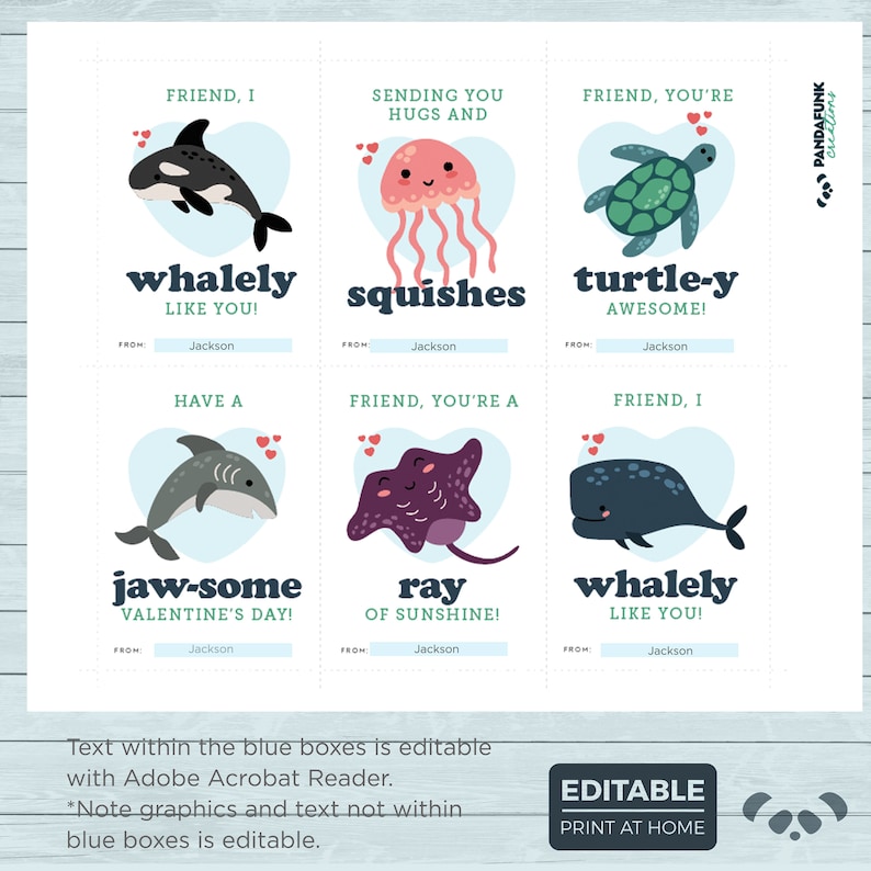 Kids Valentine Cards | Sea Animals Creatures Valentines | Whale, Shark ...