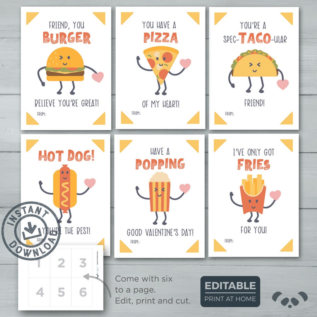 Kids Valentine Cards | Fast Food Valentines | Pizza, Taco, Hot Dog ...