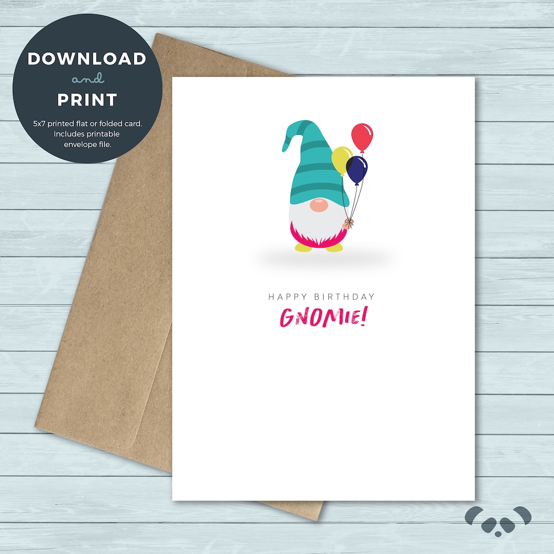 Printable Birthday Card | Gnome Gnomie Balloon Birthday Card | Birthday ...