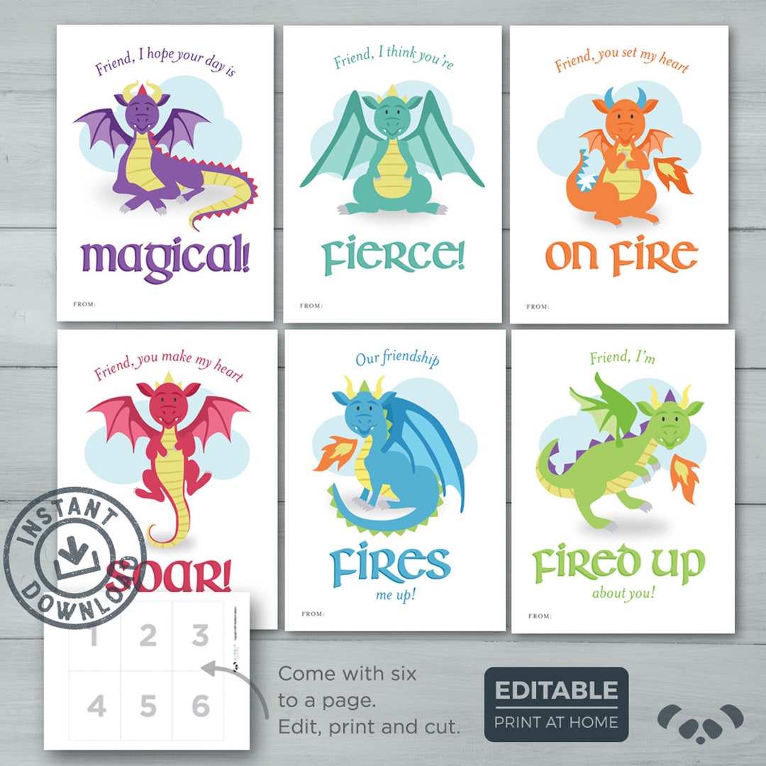 Kids Valentine Cards Dragons Valentines Dragon Dinosaur Fire Classroom ...