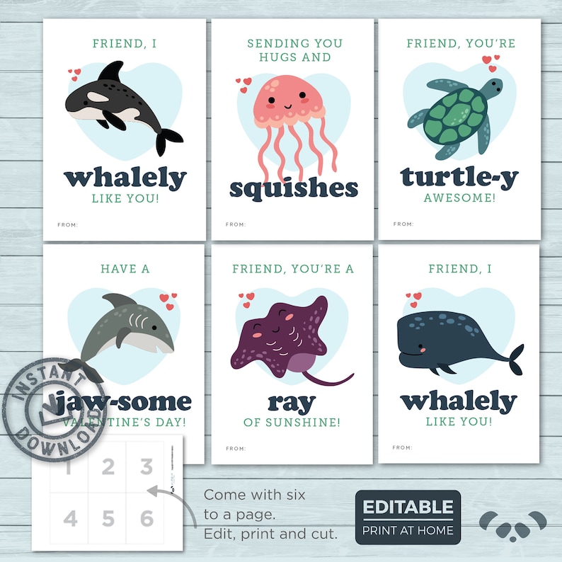 Kids Valentine Cards | Sea Animals Creatures Valentines | Whale, Shark ...