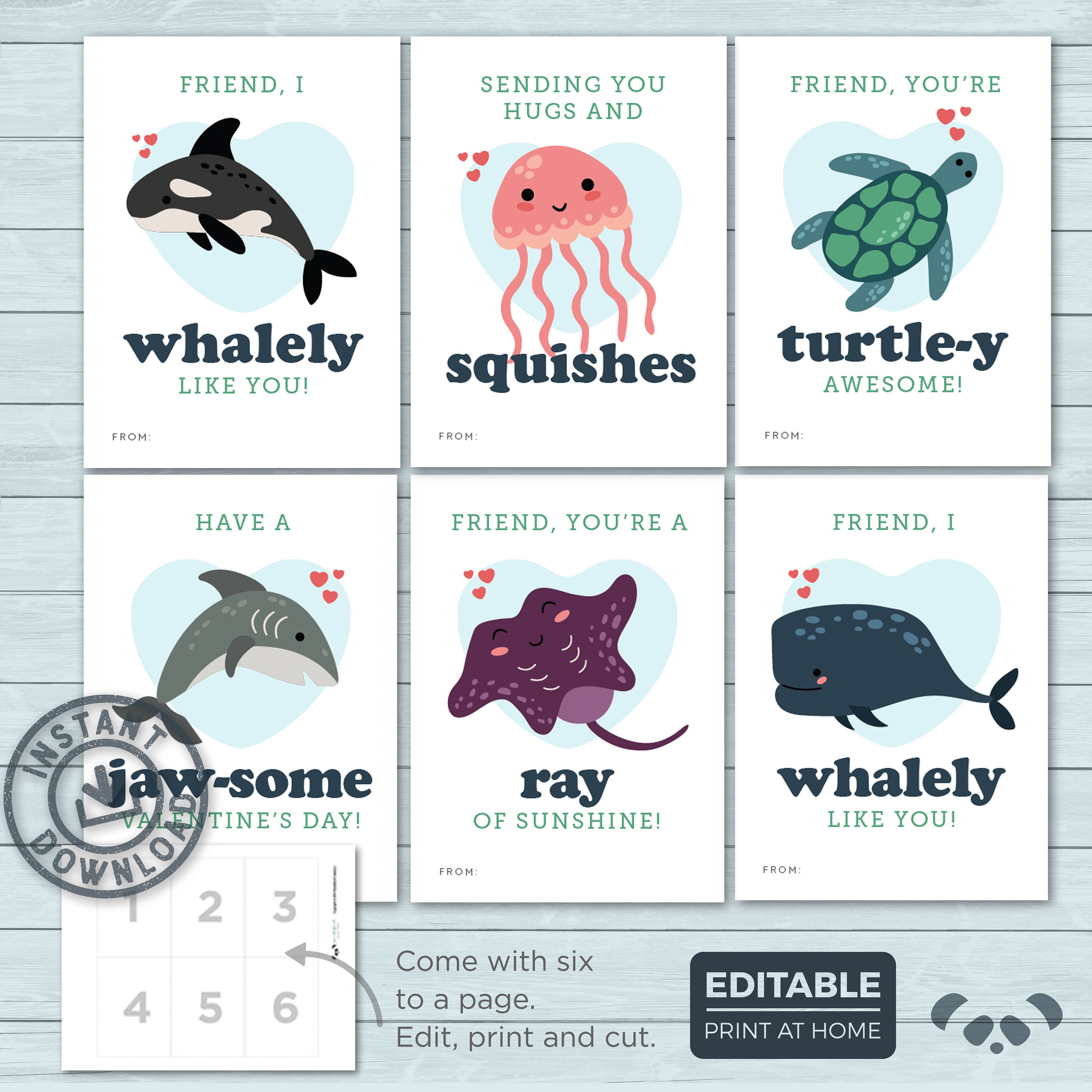Kids Valentine Cards | Sea Animals Creatures Valentines | Whale, Shark ...