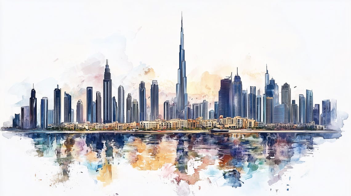 Stunning Dubai Skyline - Watercolor Art Print - Burj Khalifa Cityscape ...